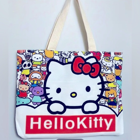 Hello Kitty | Bags | Hello Kitty Tote Canvas Bag Red Cream Lettering ...